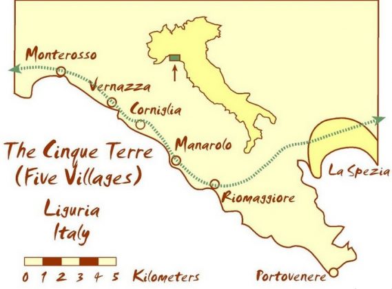 Map of Cinque Terre with major Places + Towns