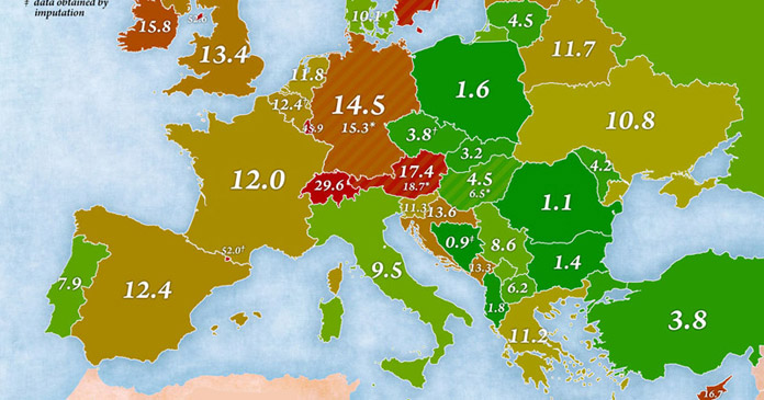 Map shows the Immigrant (Foreign-born) Population in Europe